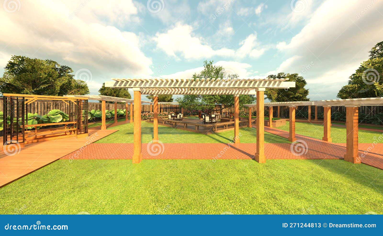 3D Rendering of the Lawn Yard with Lattice Roofed Walkway Stock ...