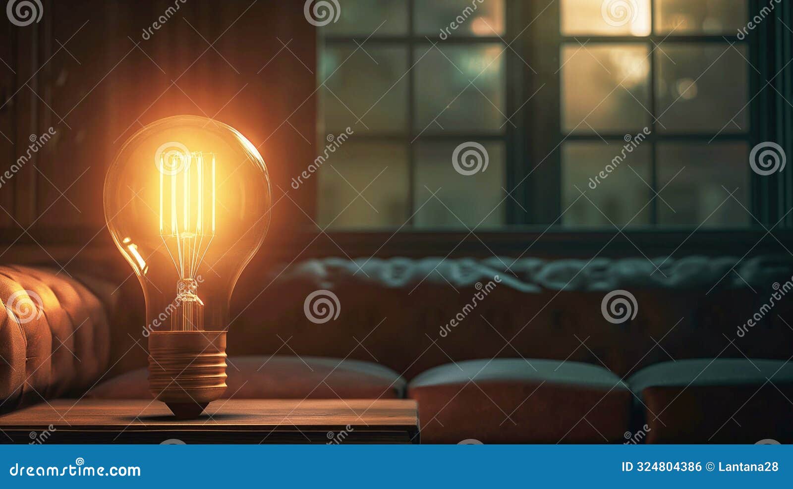 3D Rendering of a Light Bulb Glowing Brightly on a Table in Front of an ...