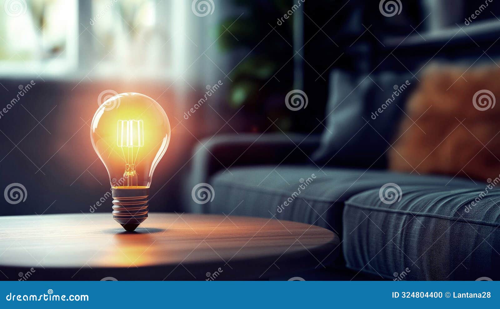 3D Rendering of a Light Bulb Glowing Brightly on a Table in Front of an ...