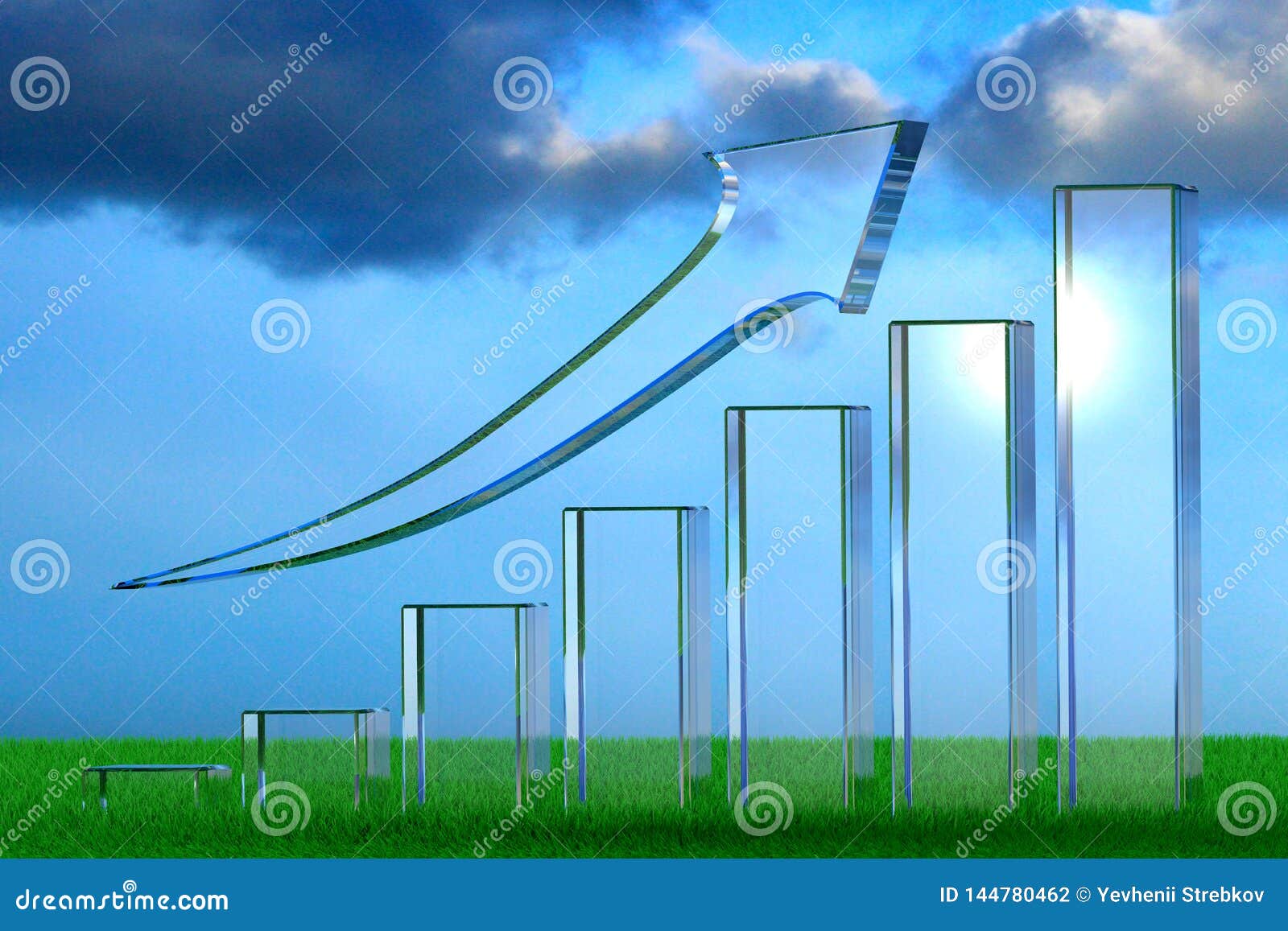 3d Rendering of a Linear Growth Bar Chart from Glass on Green Grass ...