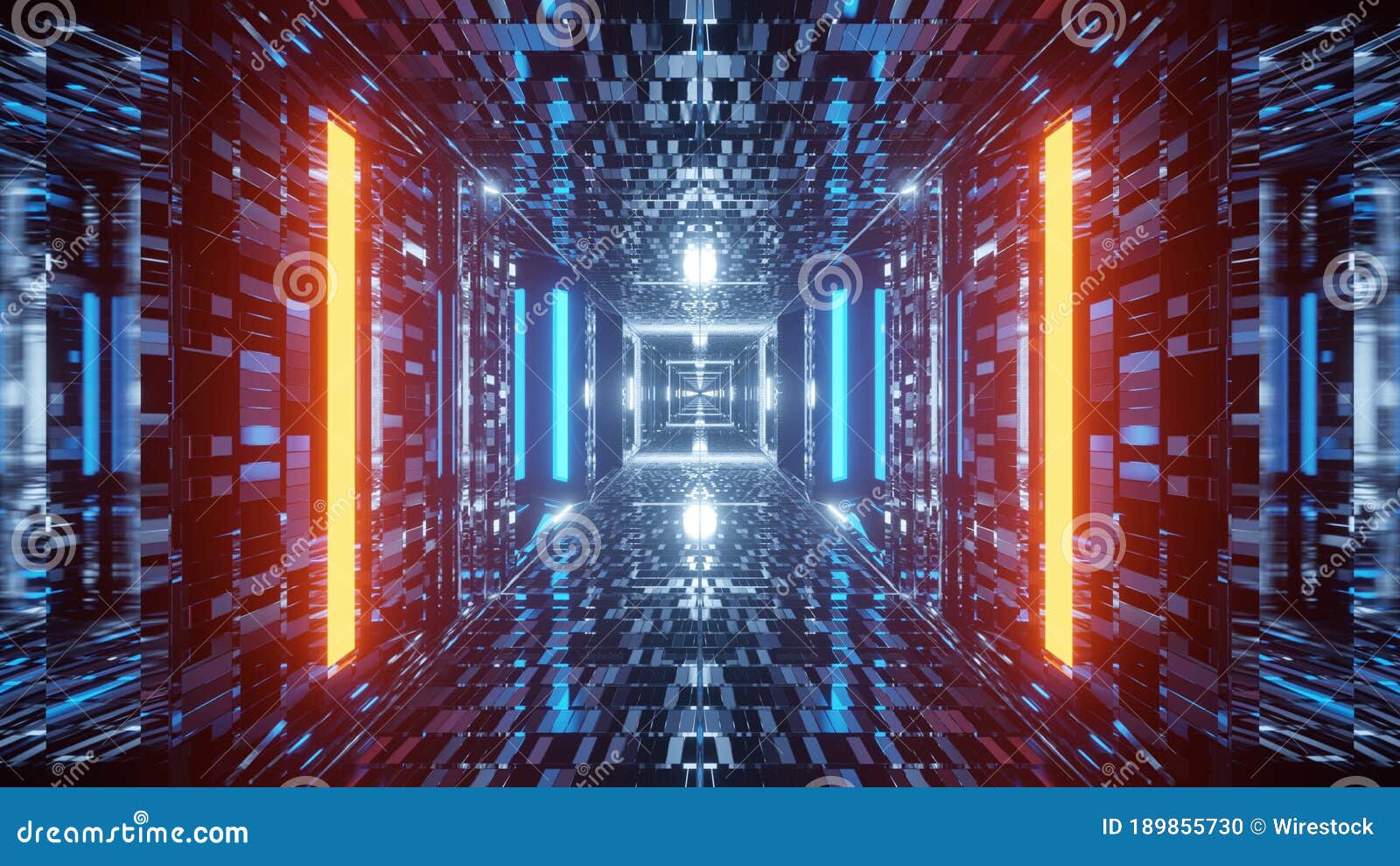 3D Rendering of Linear Orange Lights and a Cube in the Center ...