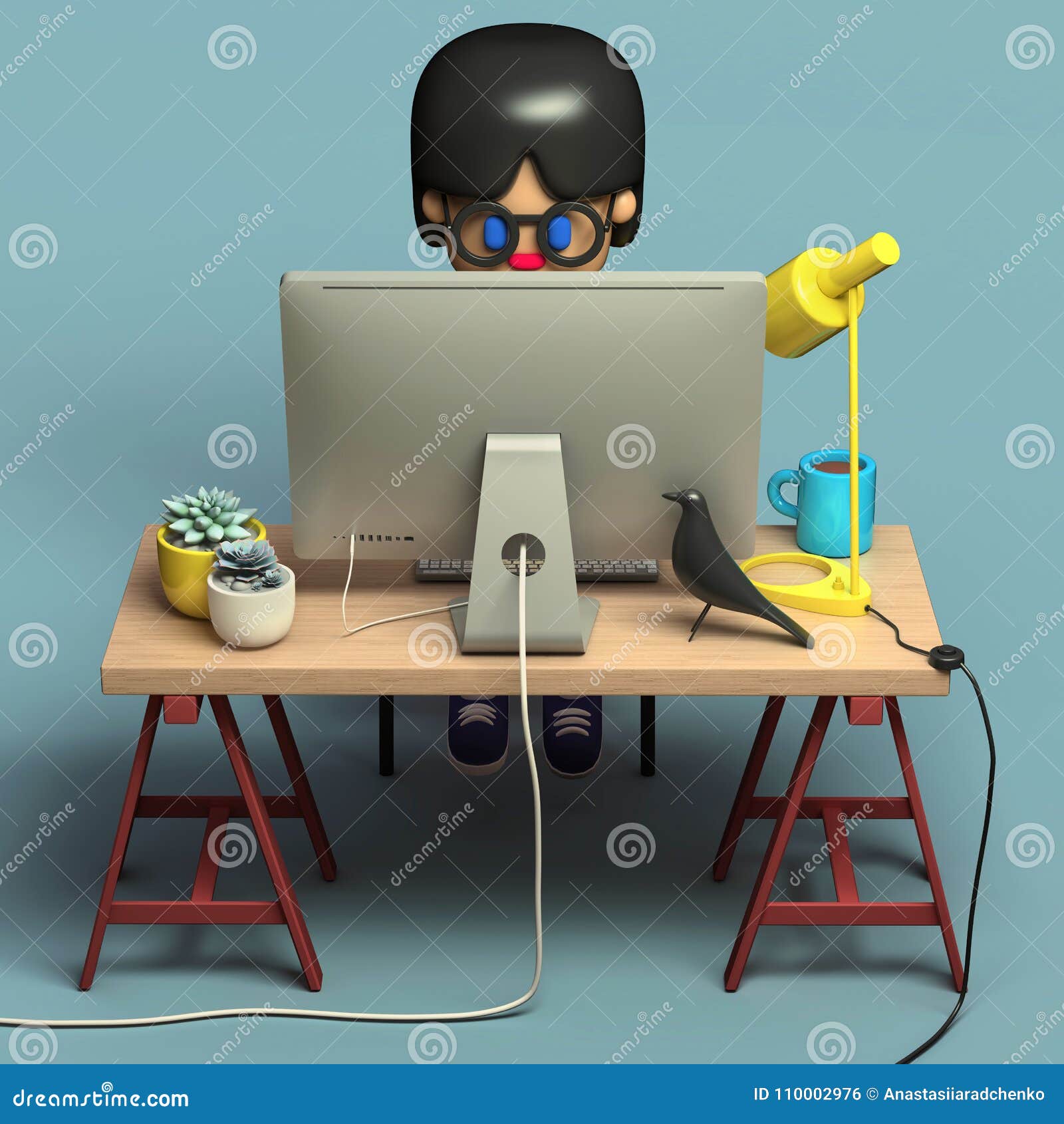 3d Rendering of Little Girl in Glasses Working on Computer Stock ...