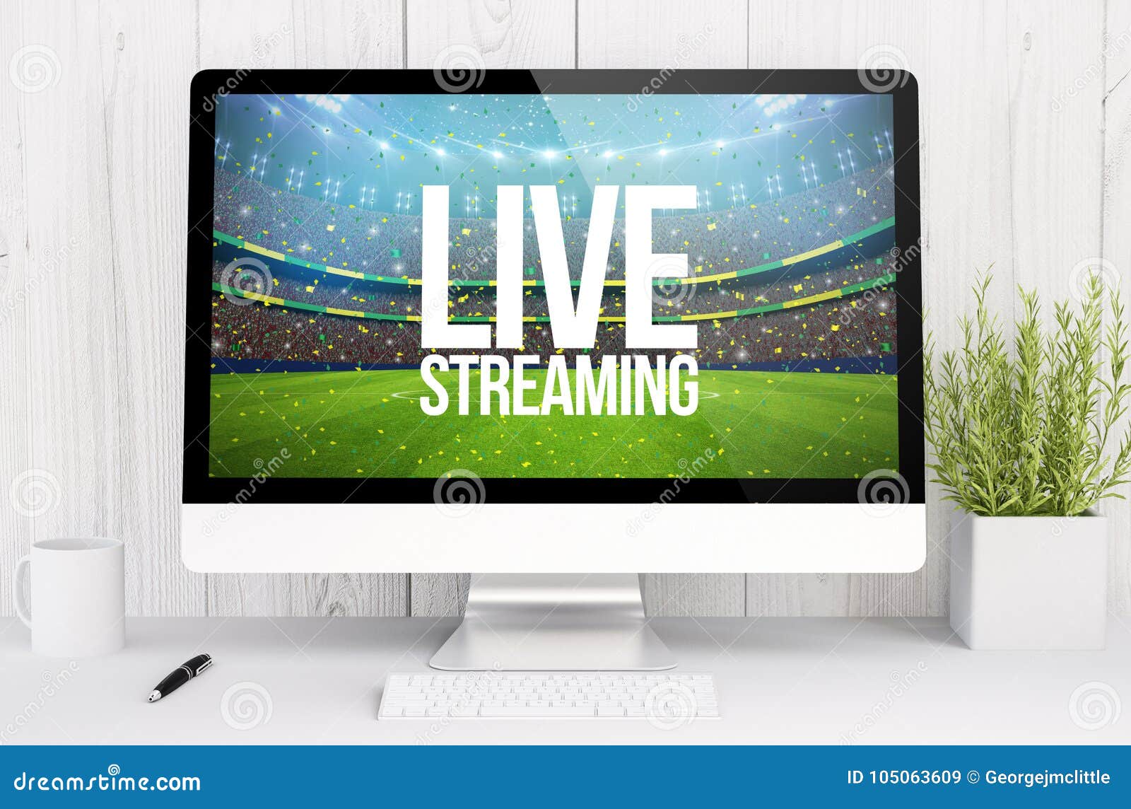 White Workspace with Computer Live Streaming Stock Image - Image of ...