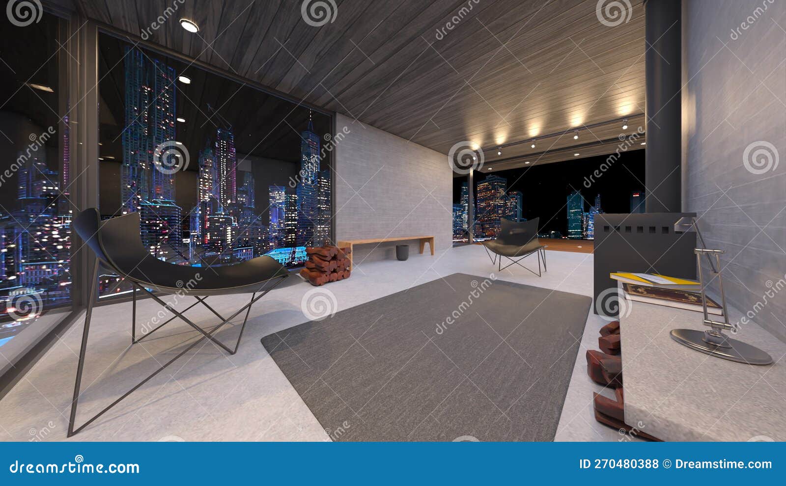 3D Rendering of the Living Room and Dining Room with Night View Stock ...