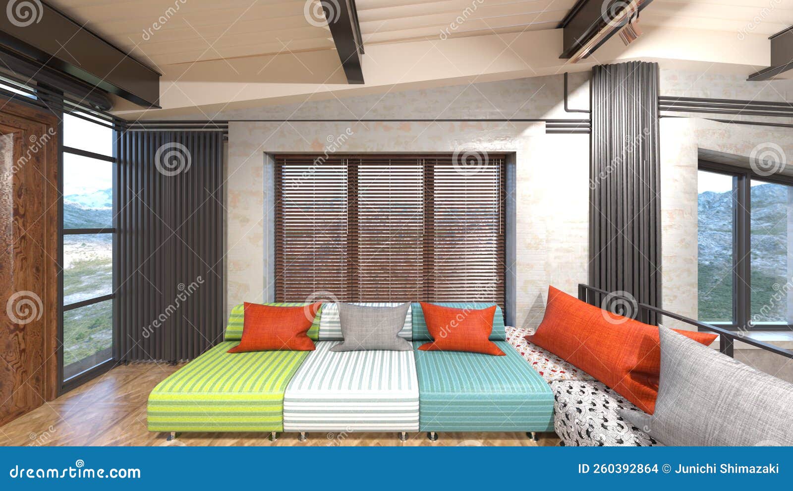 3D Rendering of the Living Room with Large Windows Stock Illustration ...