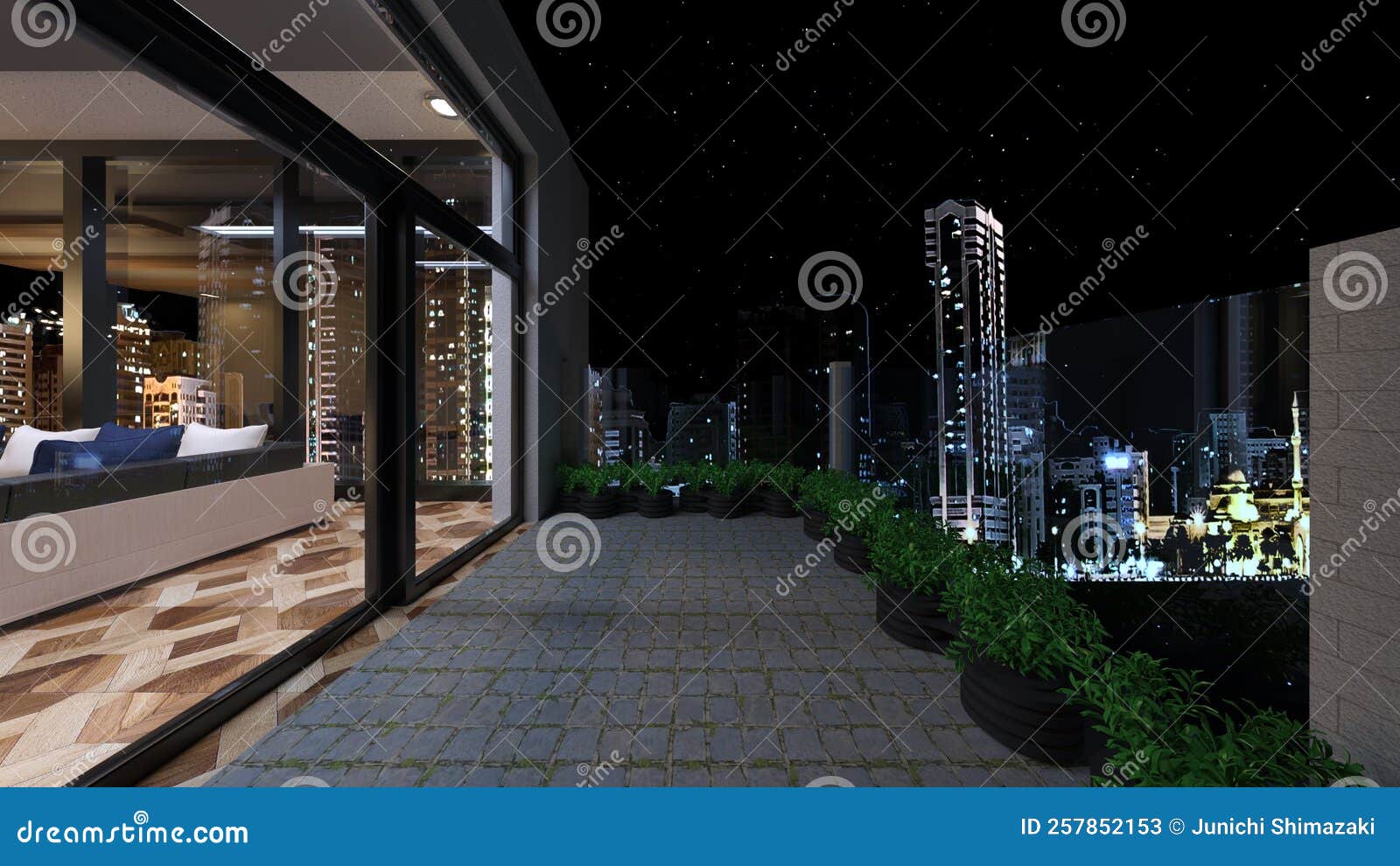 3D Rendering of the Living Room with Night View Stock Illustration ...