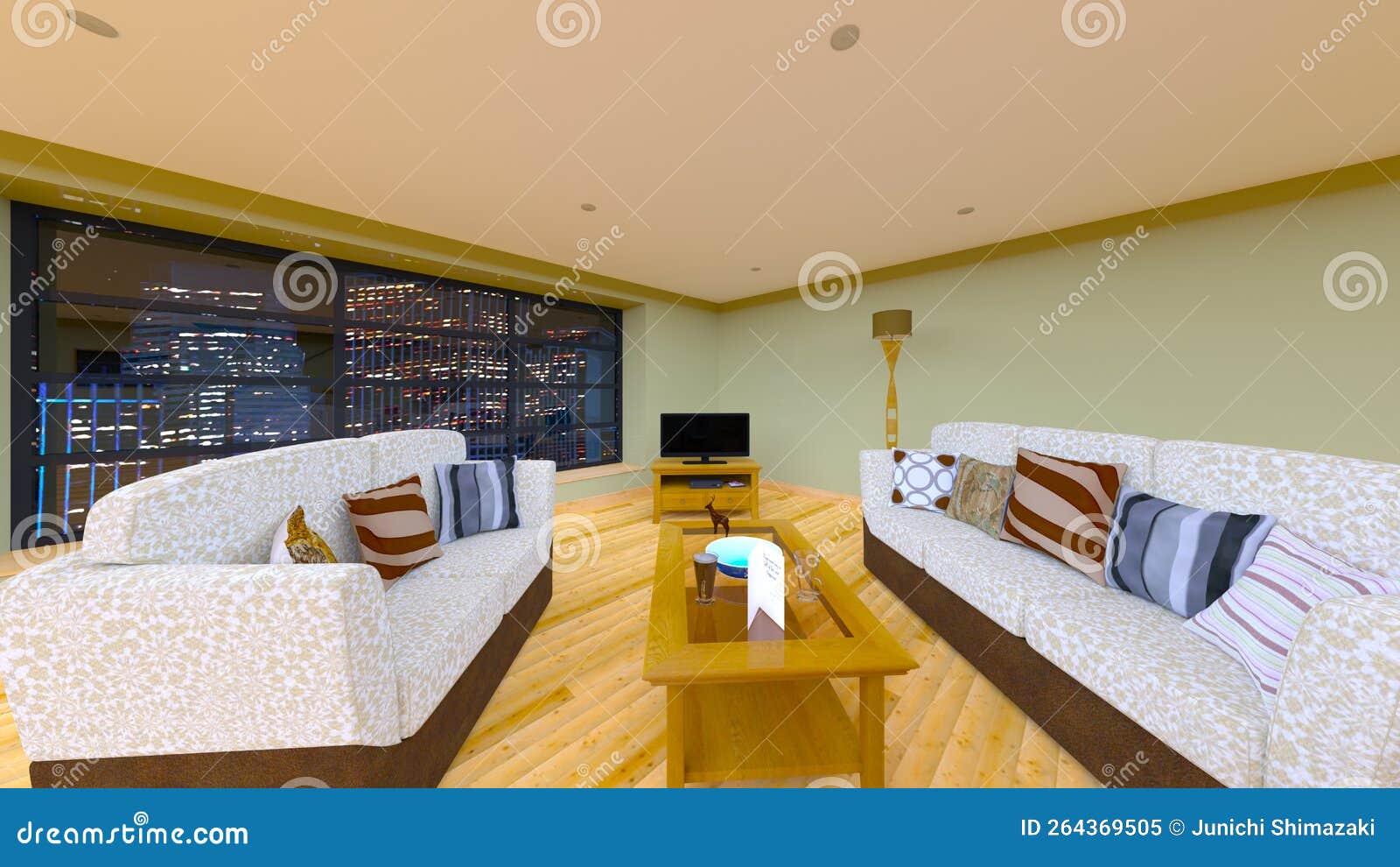 3D Rendering of the Living Room with Night View Stock Illustration ...