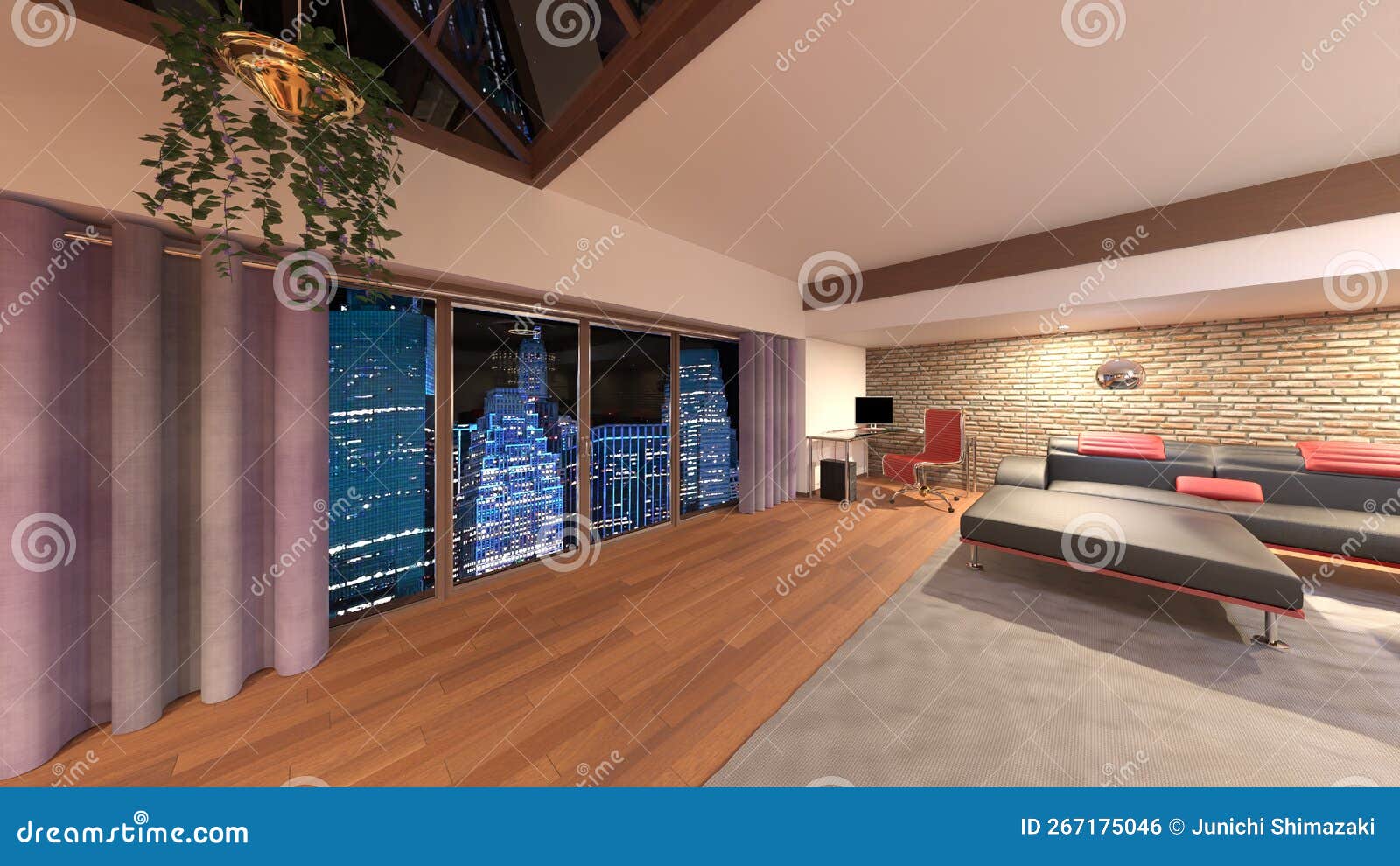 3D Rendering of the Living Room with Night View Stock Illustration ...