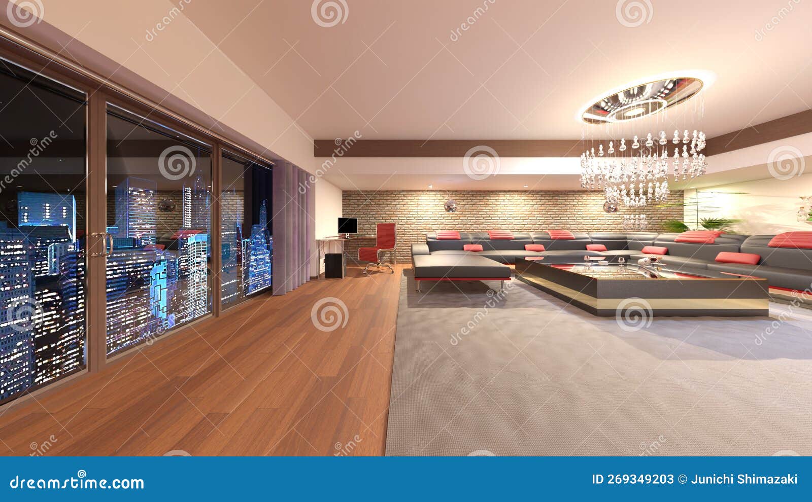 3D Rendering of the Living Room with Night View Stock Illustration ...