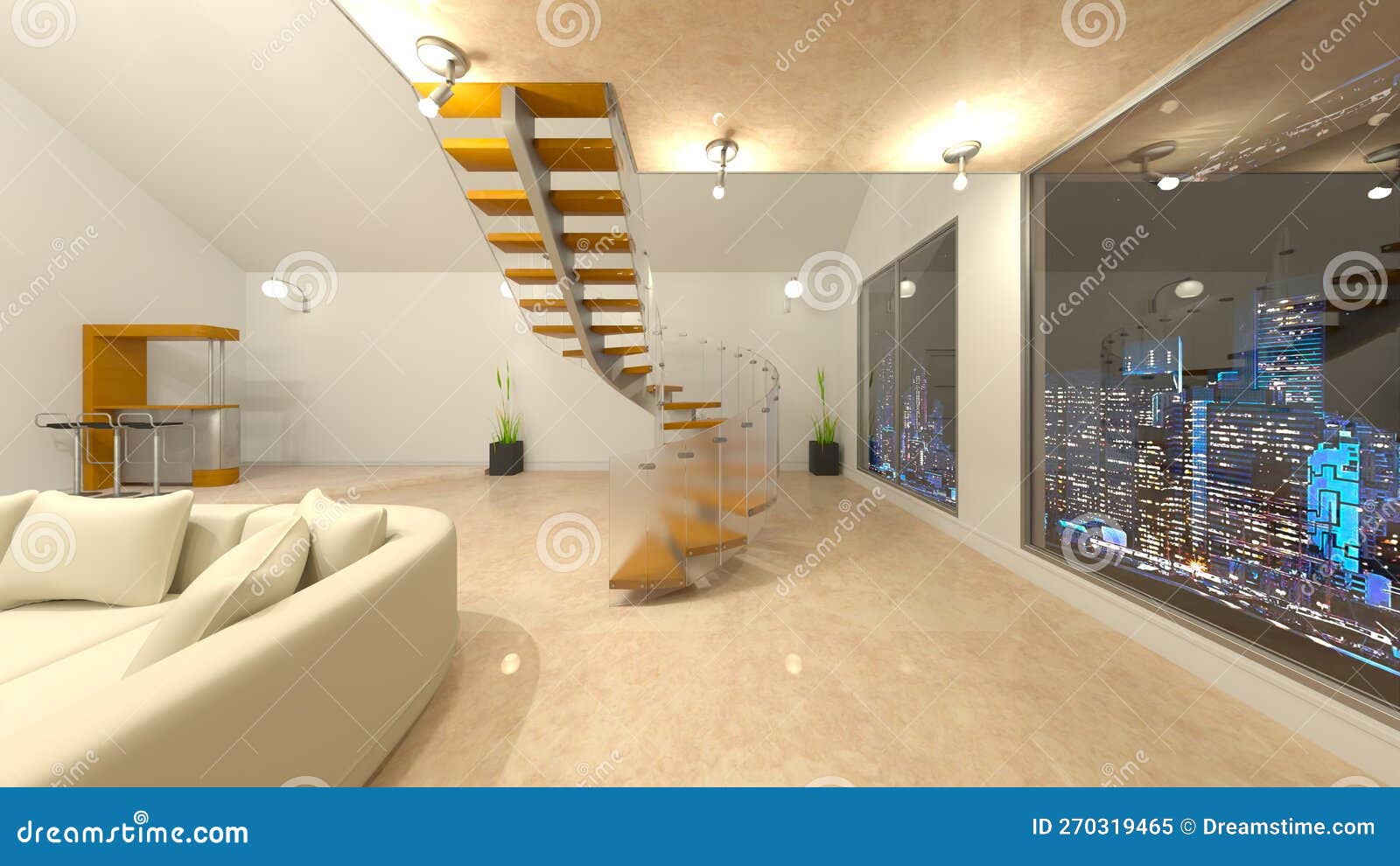 3D Rendering of the Living Room with Night View Stock Illustration ...