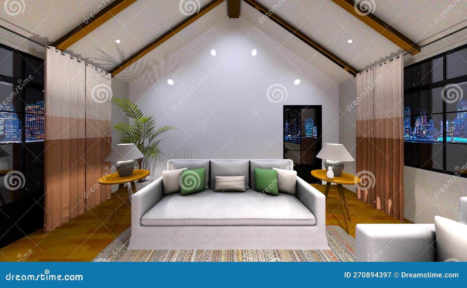3D Rendering of the Living Room with Night View Stock Illustration ...