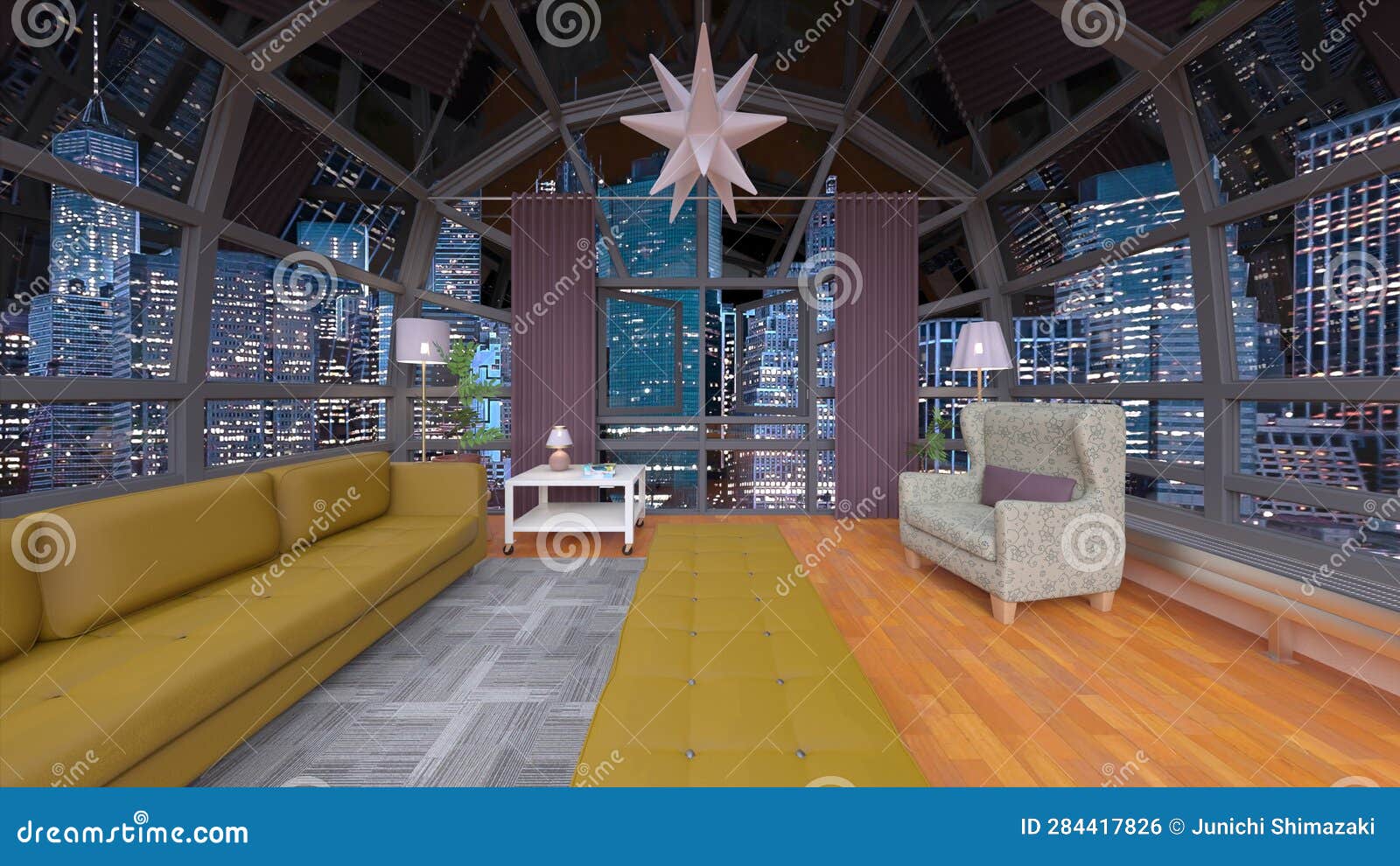 3D Rendering of the Living Room with Night View Stock Illustration ...