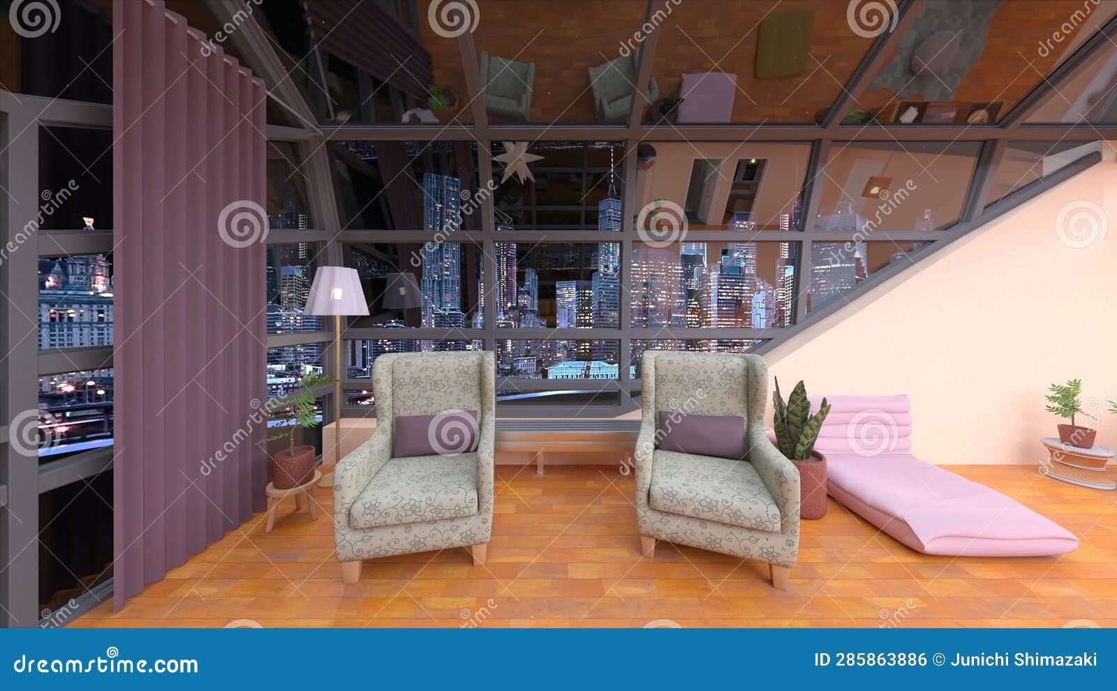 3D Rendering of the Living Room with Night View Stock Illustration ...