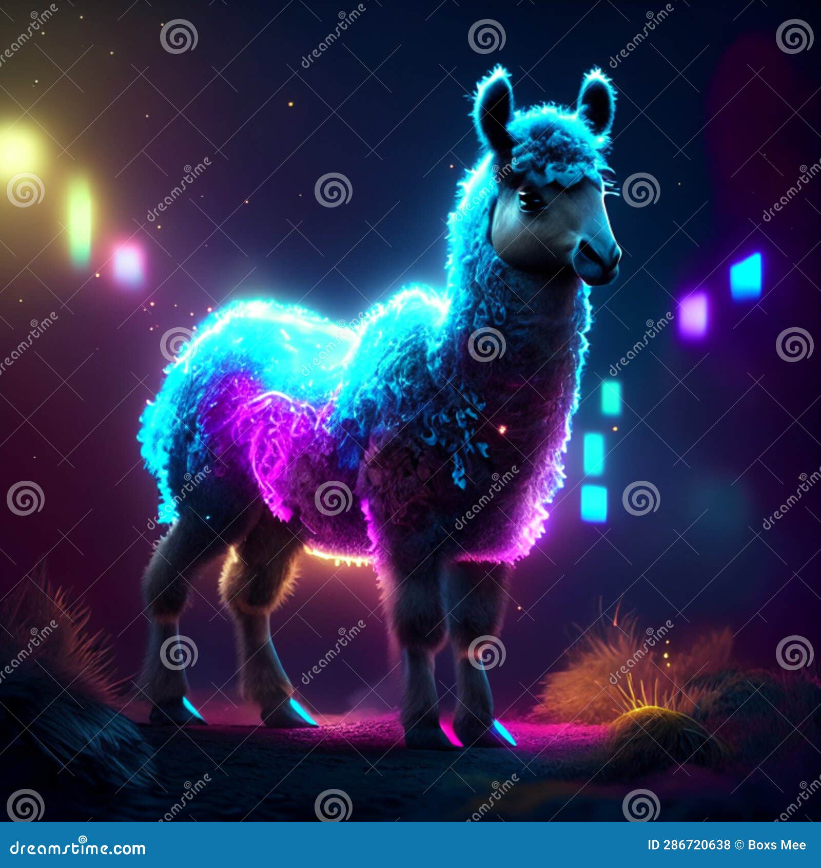 3d Rendering of a Llama with Neon Lights on Dark Background Generative ...