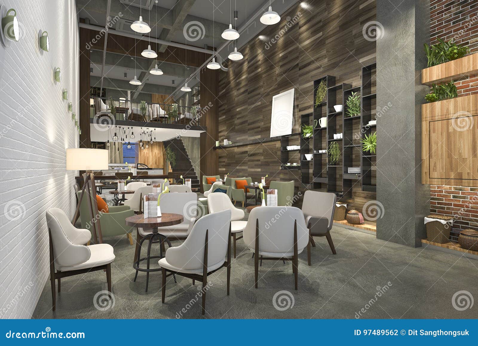 3d Rendering Loft and Luxury Hotel Reception and Cafe Lounge Restaurant ...