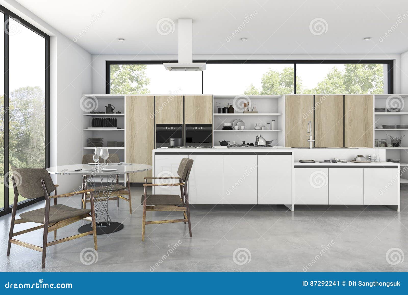 3d Rendering Loft Wood Kitchen with Nice View from Window Stock ...