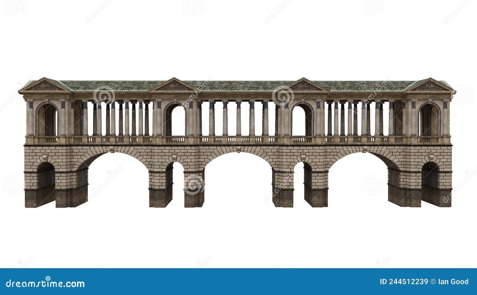 3D Rendering of a Long Covered Stone Bridge with Roof and Columns ...