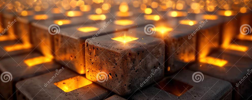 Abstract Architecture Illuminated by Intense Brightness, Luminous Cubes with Glowing Lights, 3D ...