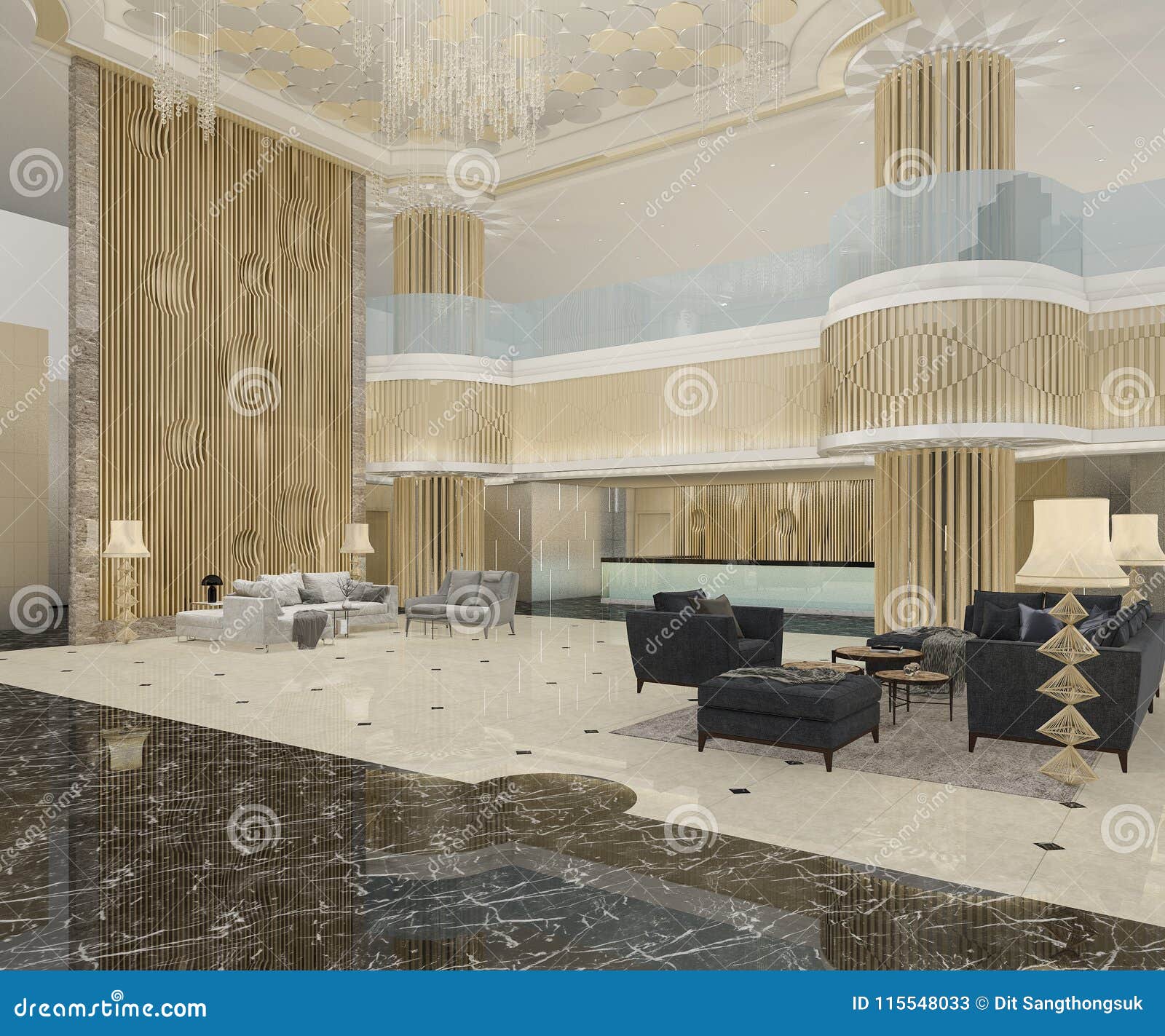 3d Rendering Luxury Hotel Reception and Lounge Stock Illustration ...
