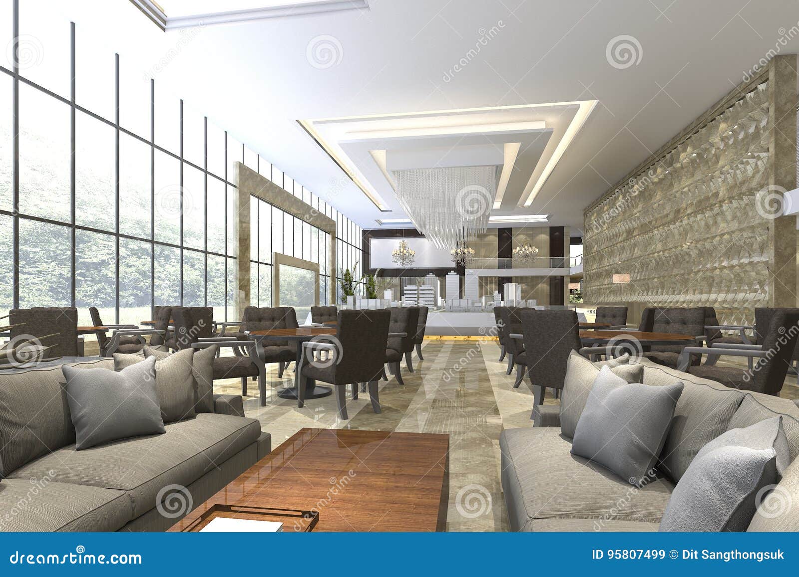 3d Rendering Luxury Hotel Reception and Lounge Restaurant Stock ...