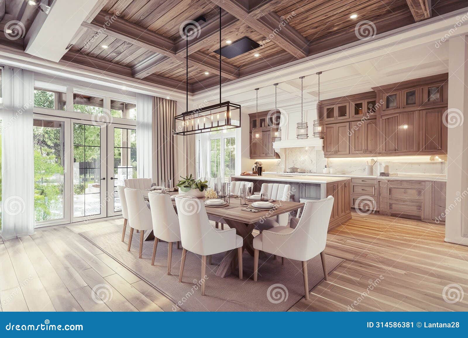 3d Rendering of Luxury Kitchen and Dining Room in House with Wooden ...