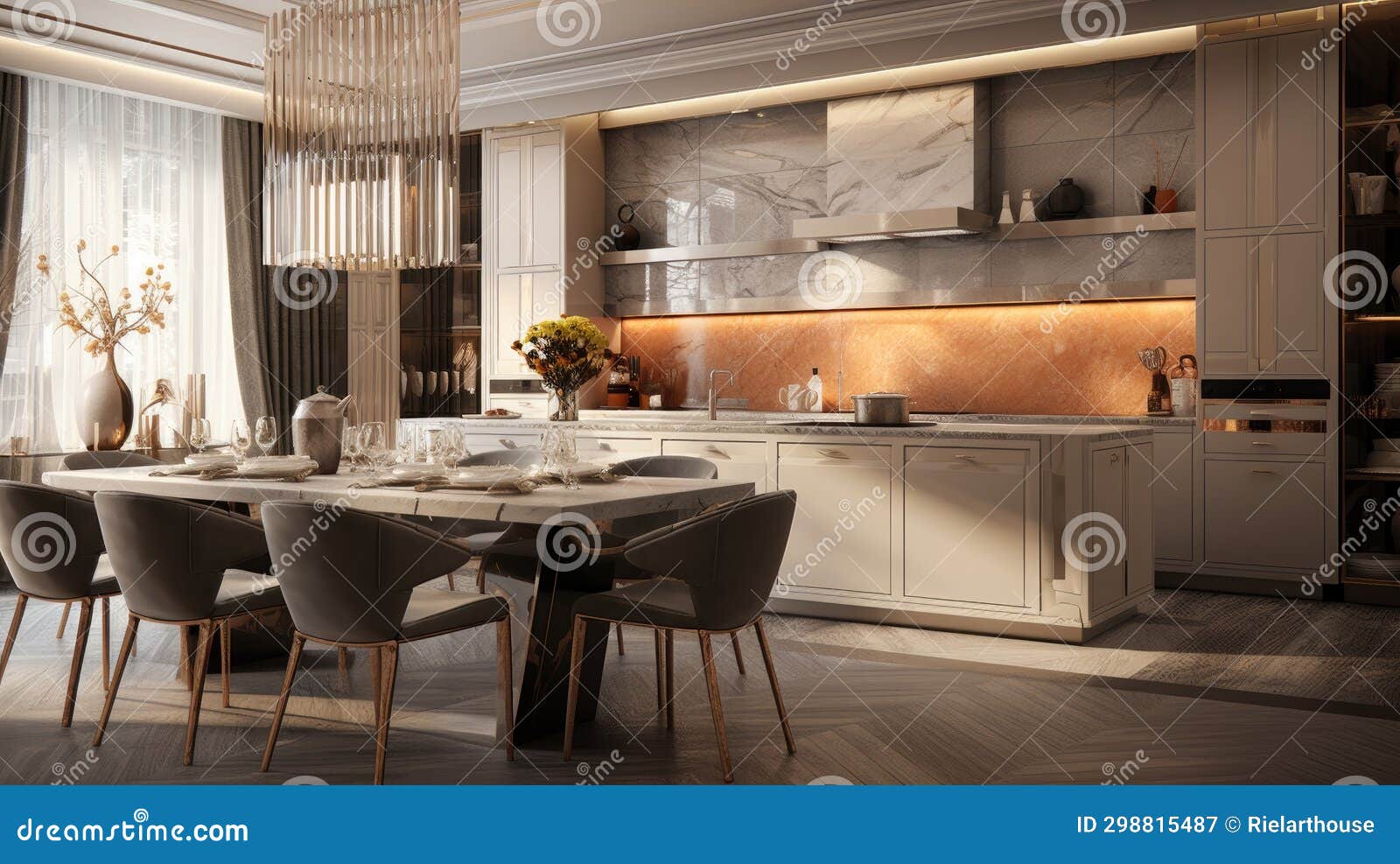 3d Render of Modern Kitchen Interior and Dining Room Stock Illustration ...