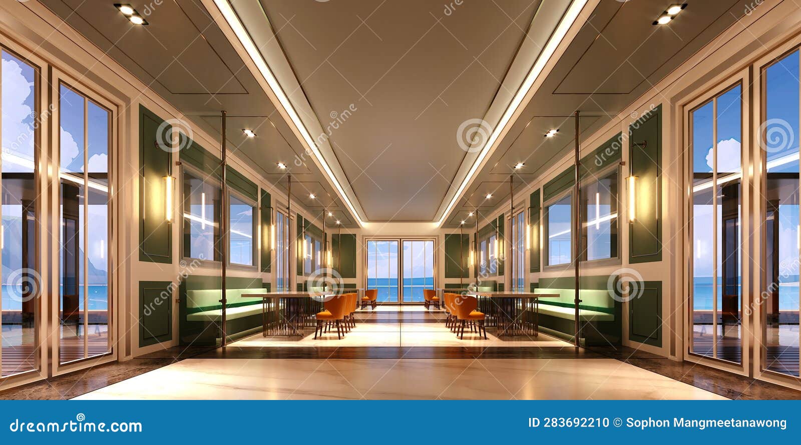 3D Rendering Luxury Lobby Hotel and Restaurant Stock Illustration ...