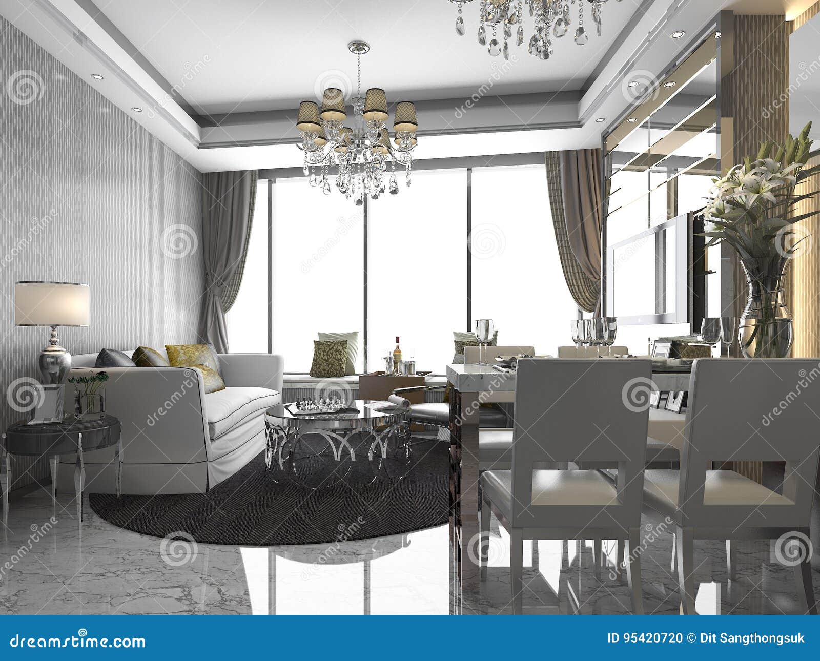 3d Rendering Luxury and Modern Living Room and Dining Room Stock ...