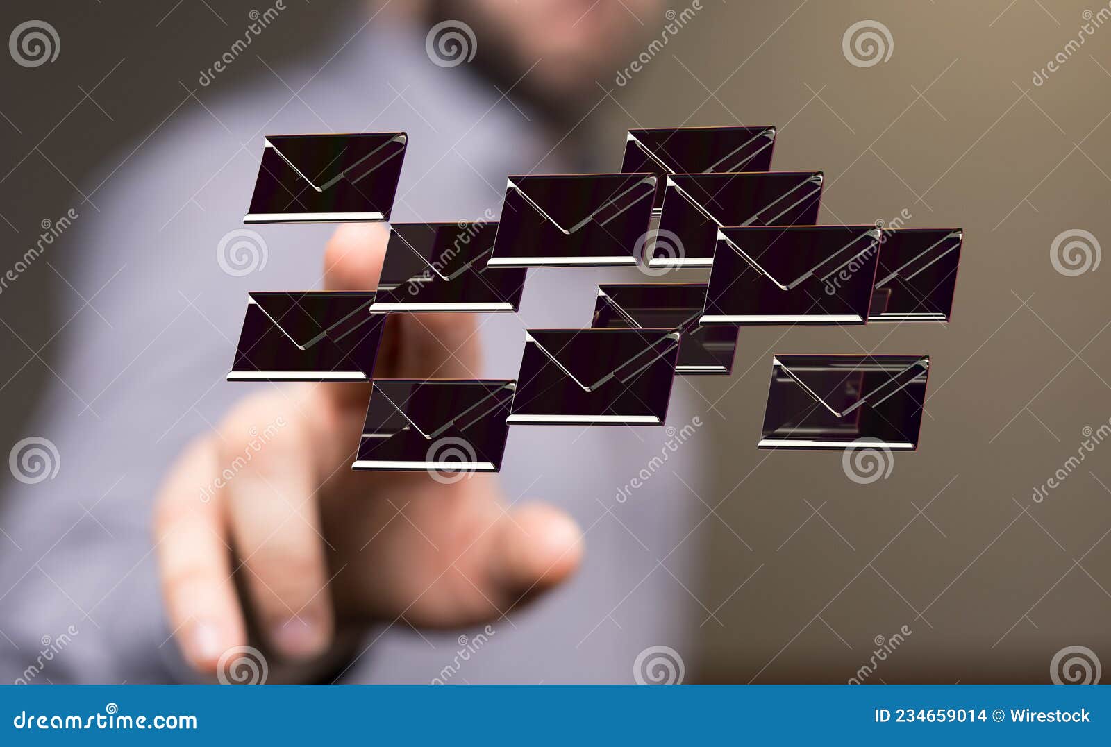 3D Rendering of a Man Pointing at Floating Email Icons - Concept of ...