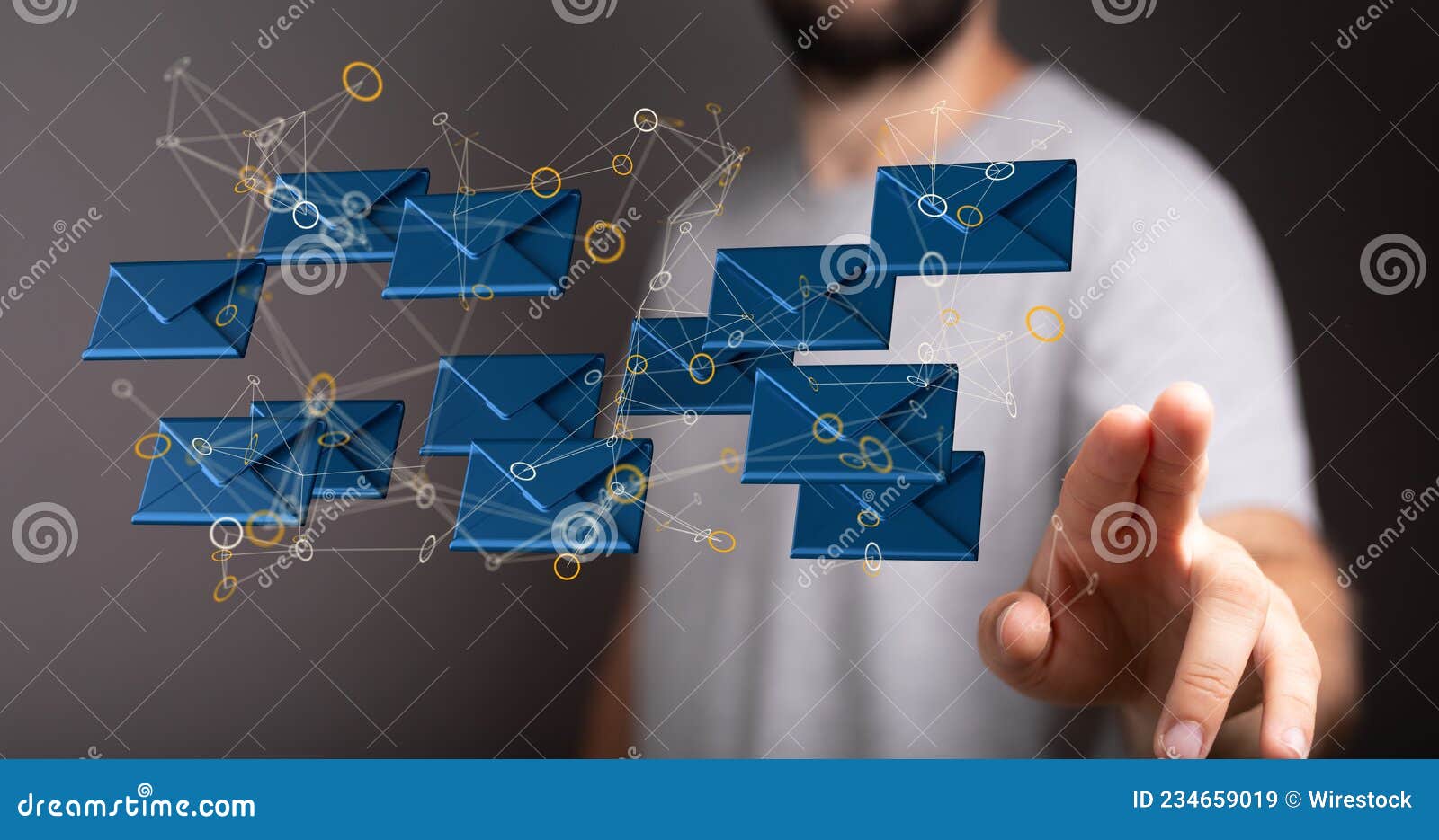 3D Rendering of a Man Pointing at Floating Email Icons - Concept of ...
