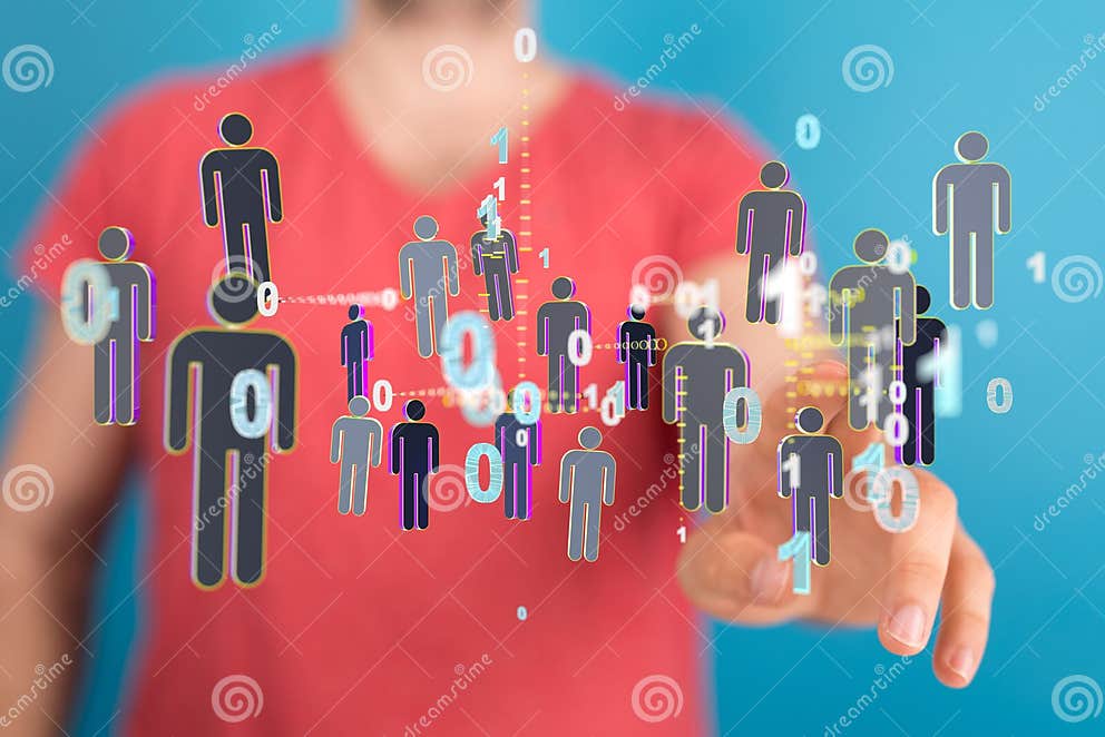 3d Rendering of a Man Pointing at a Group of People and Binary Digits Icons Stock Illustration ...