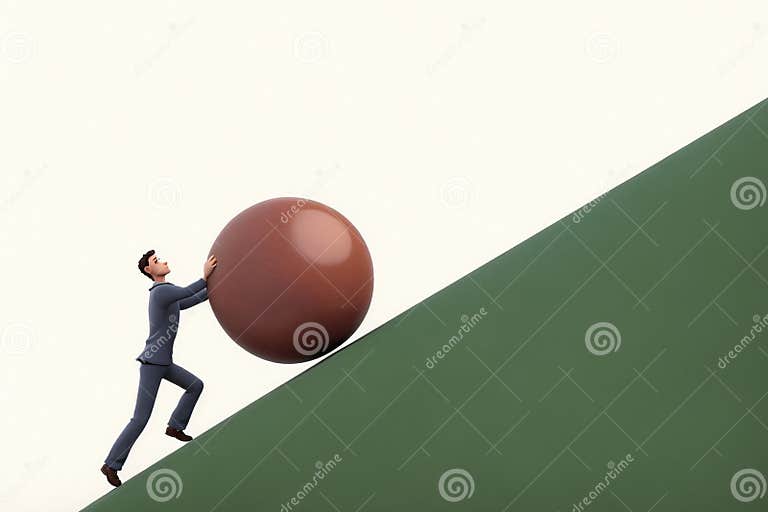 3D Rendering of a Man Pushing a Massive Ball Upward with Determined ...