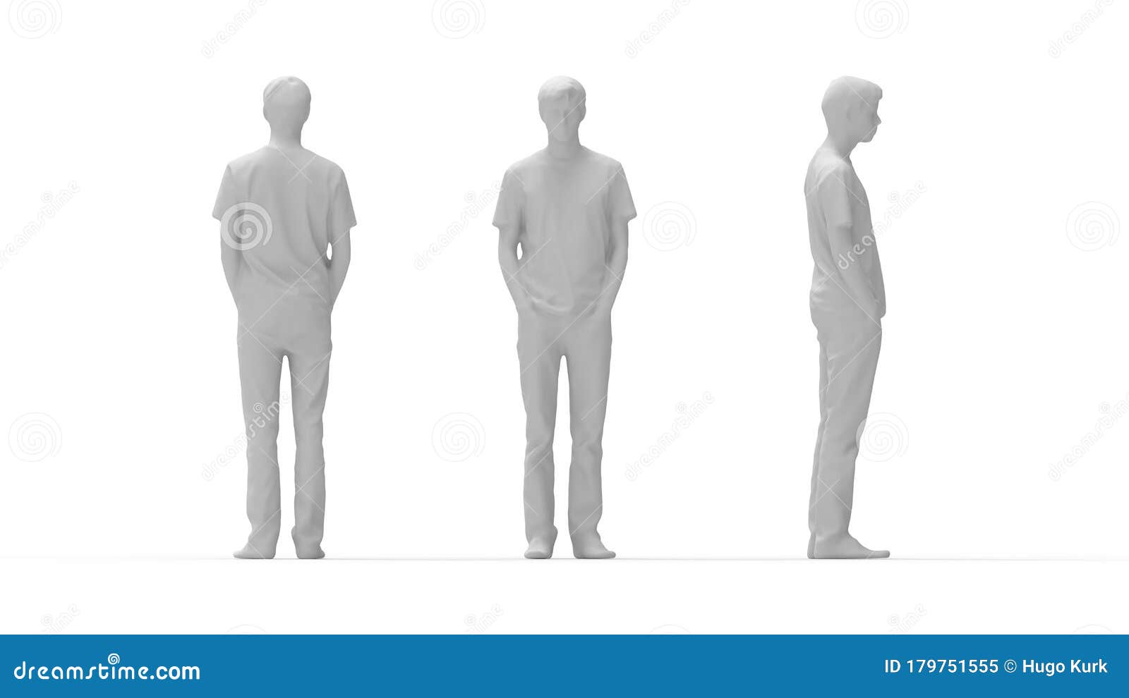3D Rendering of a Man Standing Multiple Views Side Front Back Casual ...