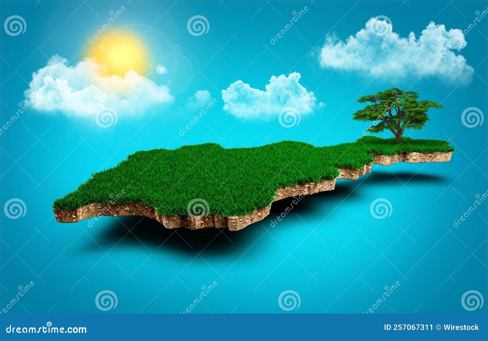 3D Rendering of a Map with the Sun and Clouds on a Blue Background ...