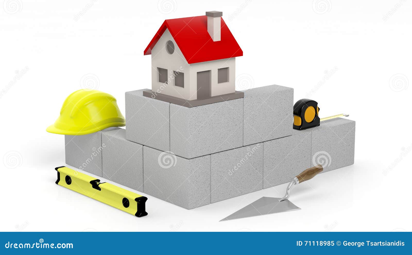 3D Rendering of Masonry Tools and Bricks with House Symbol Stock ...