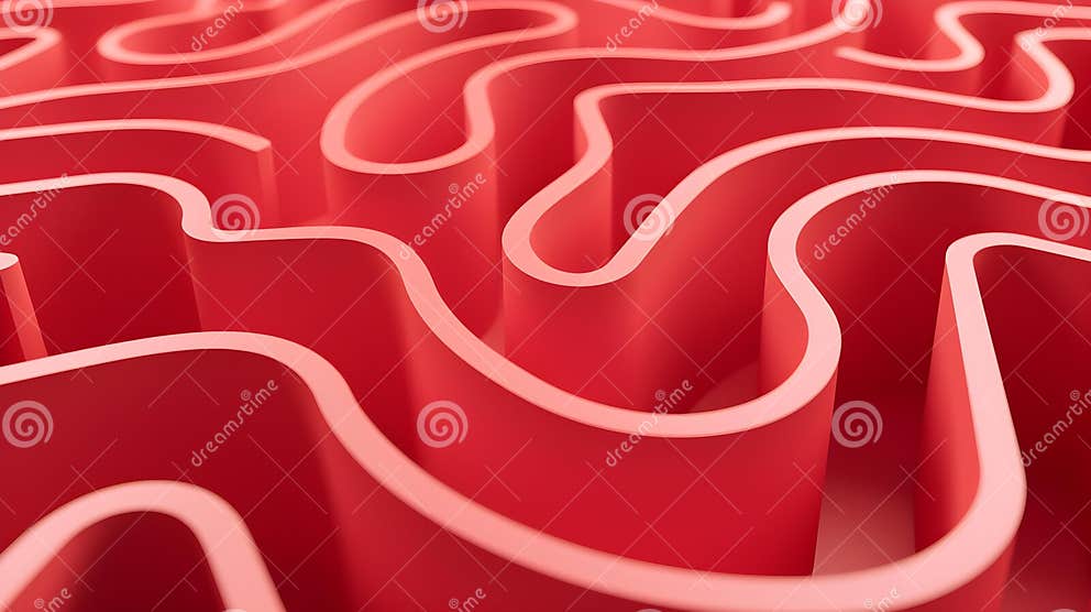 Abstract Background of a Curved Maze in Light Red Colors. 3D Render ...