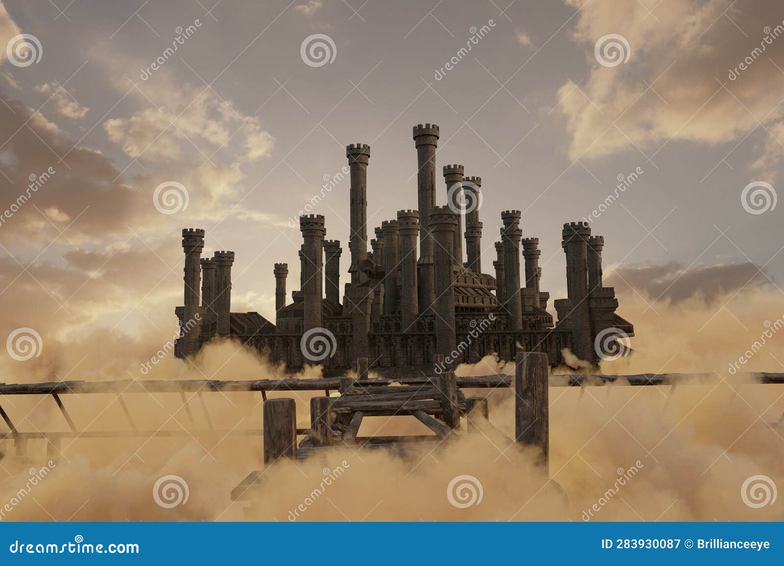 Medieval Castle Over Golden Clouds Stock Illustration - Illustration of ...