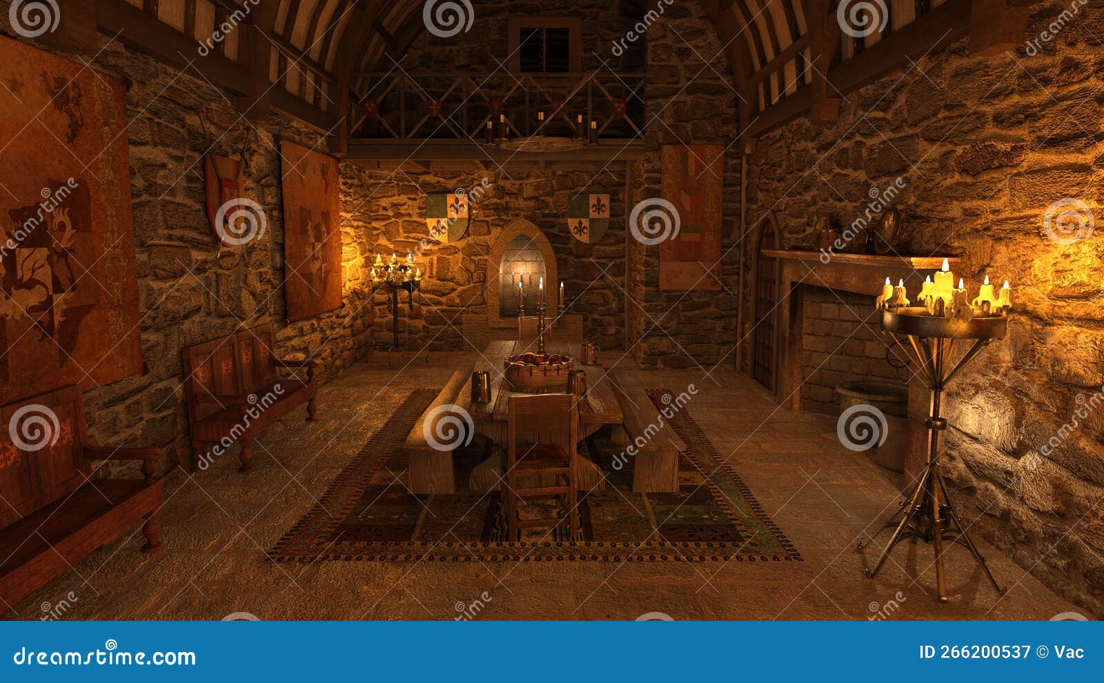 3D Rendering Medieval Dining Hall Stock Illustration - Illustration of ...