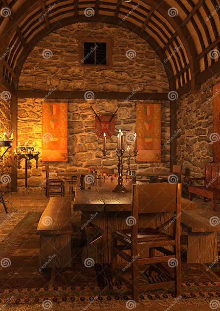 3D Rendering Medieval Dining Hall Stock Illustration - Illustration of ...