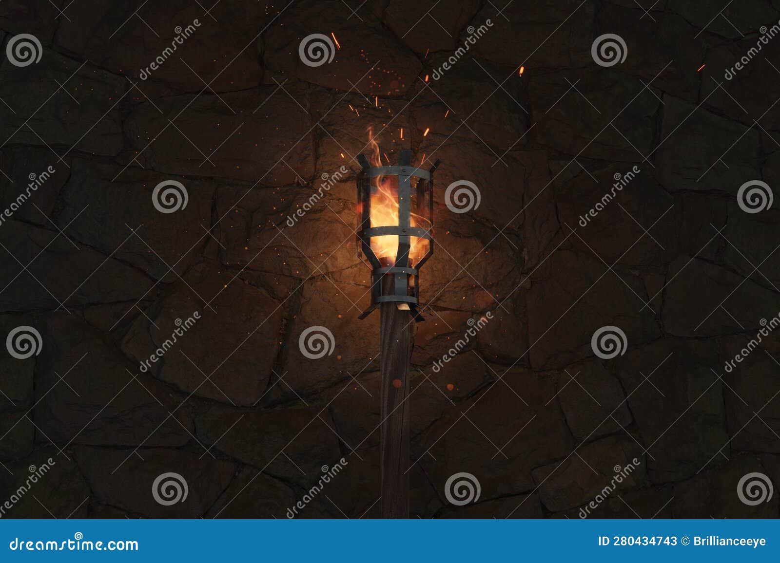 Medieval Torch With Burning Fire. Ancient Realistic Metal Torch With ...