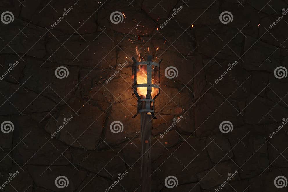 Medieval torch on fire stock illustration. Illustration of castle ...