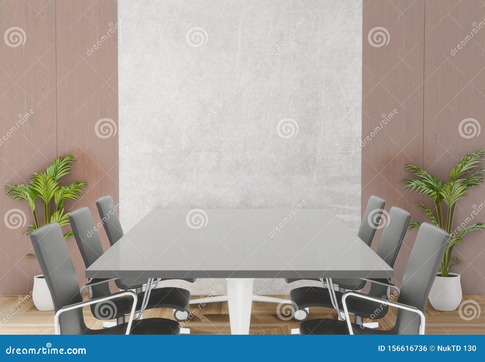 3D Rendering Meeting Room with Chairs , Table and Little Tree or ...