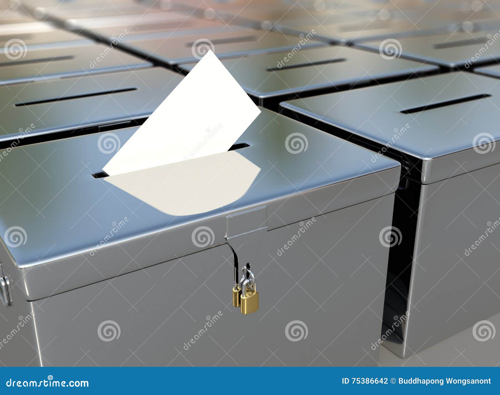 3D Rendering Metal Ballot Boxes and Vote Card. Stock Illustration ...