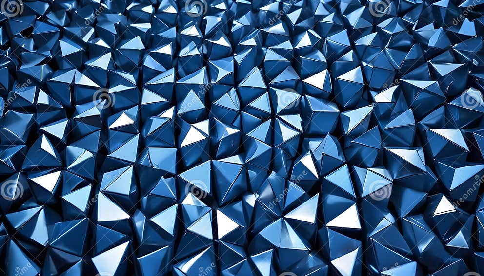 3D Rendering of Metallic Blue Triangular Prisms Creating a Textured ...