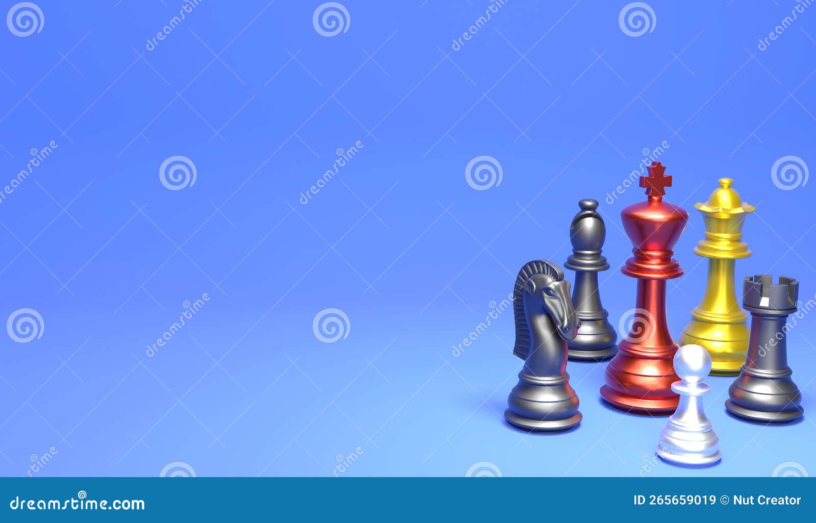 3D Rendering Metallic Chess Piece on Blue Background Stock Illustration ...