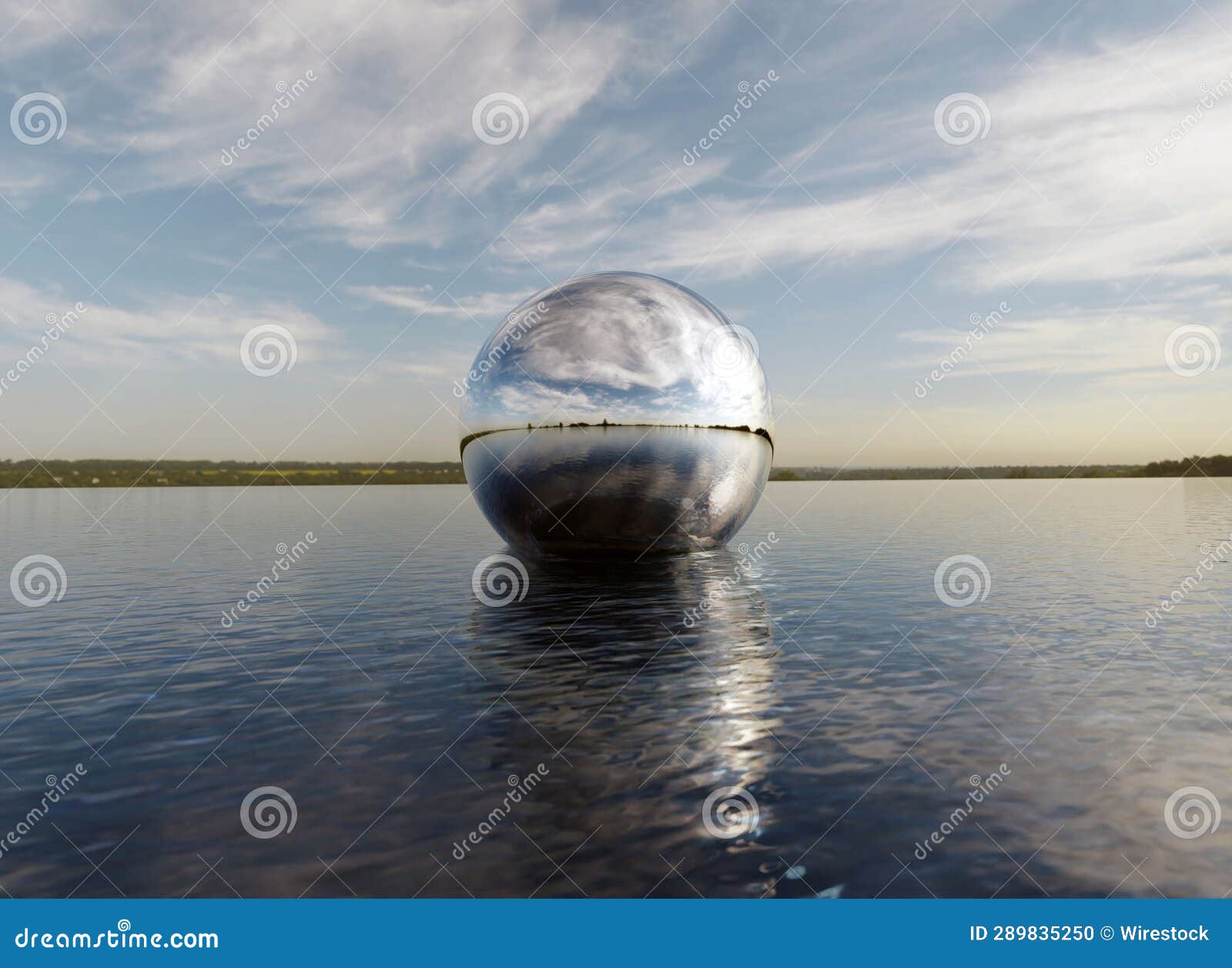 3D Rendering of a Metallic Sphere on the Surface of Water Stock ...