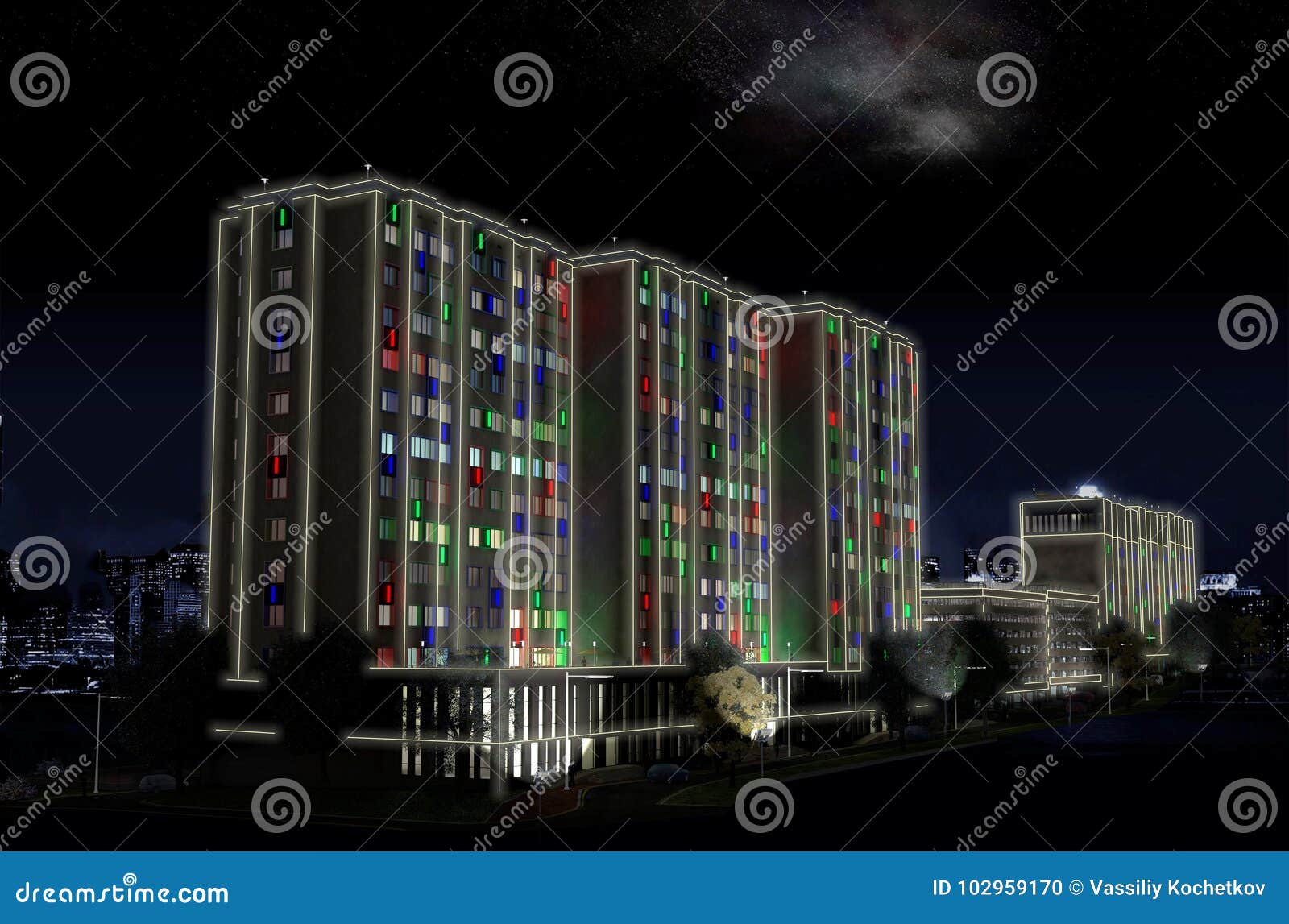 A 3D Rendering of Minimalist House at Night Stock Illustration ...