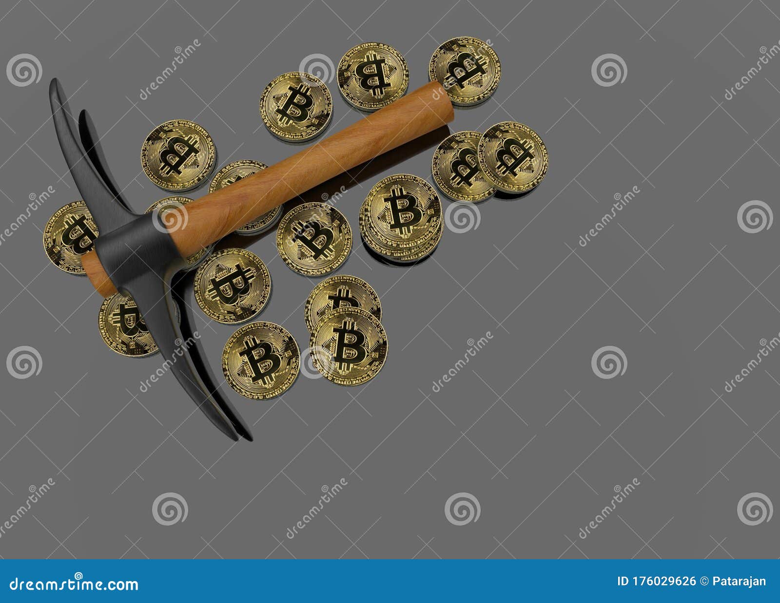 3d Rendering. Mining Pick Dig Tool with Crypto Bitcoins on Gray Copy Space Background Stock ...
