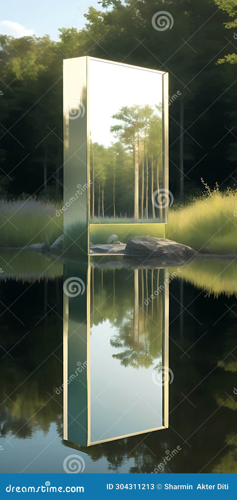 3d Rendering of Mirrors Rectangle in Nature. Stock Image - Image of ...