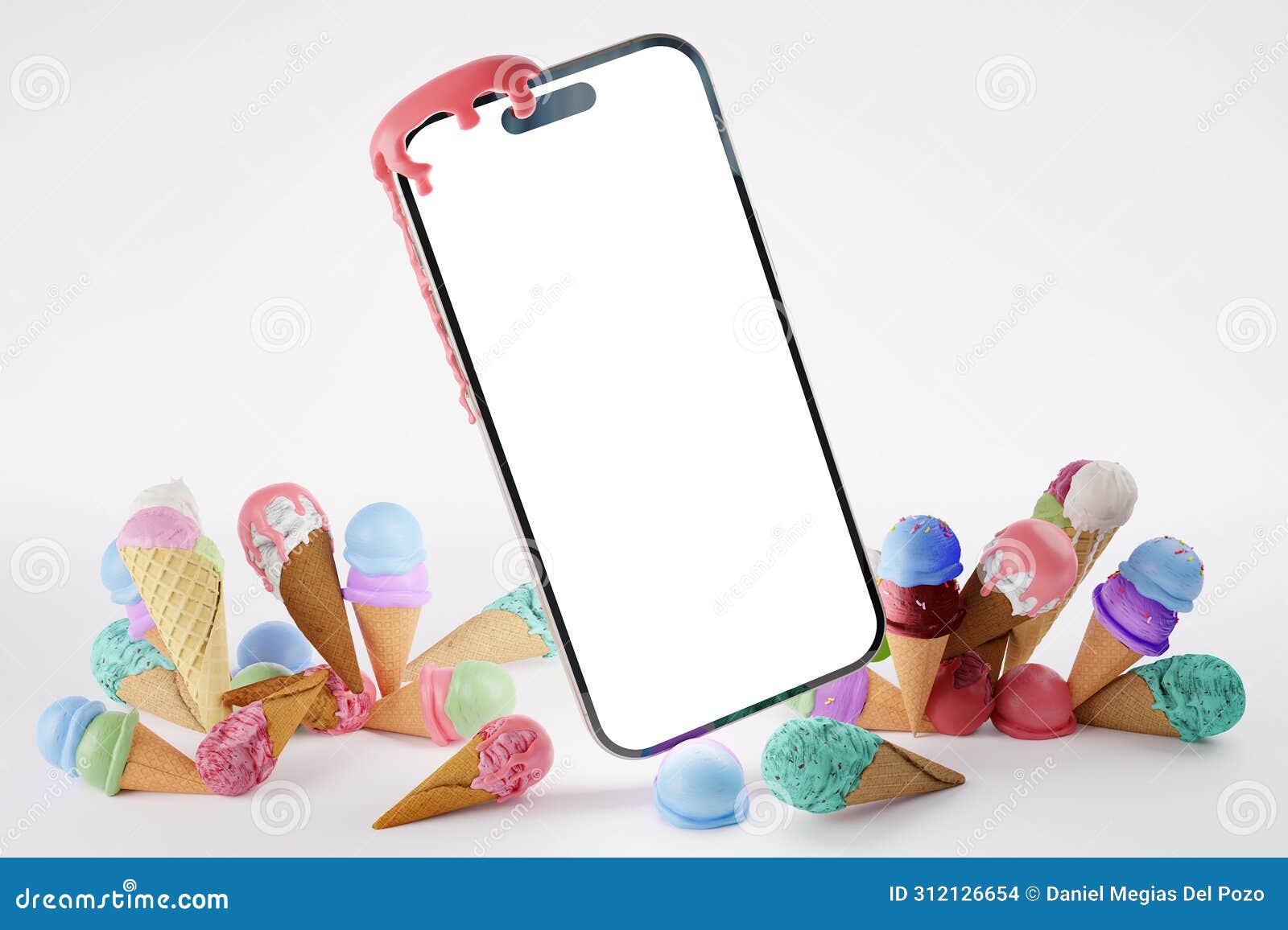 Smartphone With Ice Cream In Flat Cartoon Style. Background Of ...